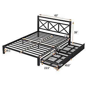 RORIGAT Queen Bed with 2 Drawers, Metal Platform Heavy Duty Beds Frames with Storage, Noise-Free, No Box Spring Needed/Easy Assembly (Queen Size, Black)