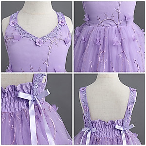 Flower Girl Butterfly Dress for Kids Baby Princess Birthday Wedding Bridesmaid Pageant Formal Party Maxi Dress Toddler Summer Communion Photoshoot Backless Lace Bow Tulle Dresses Purple 6-7 Years