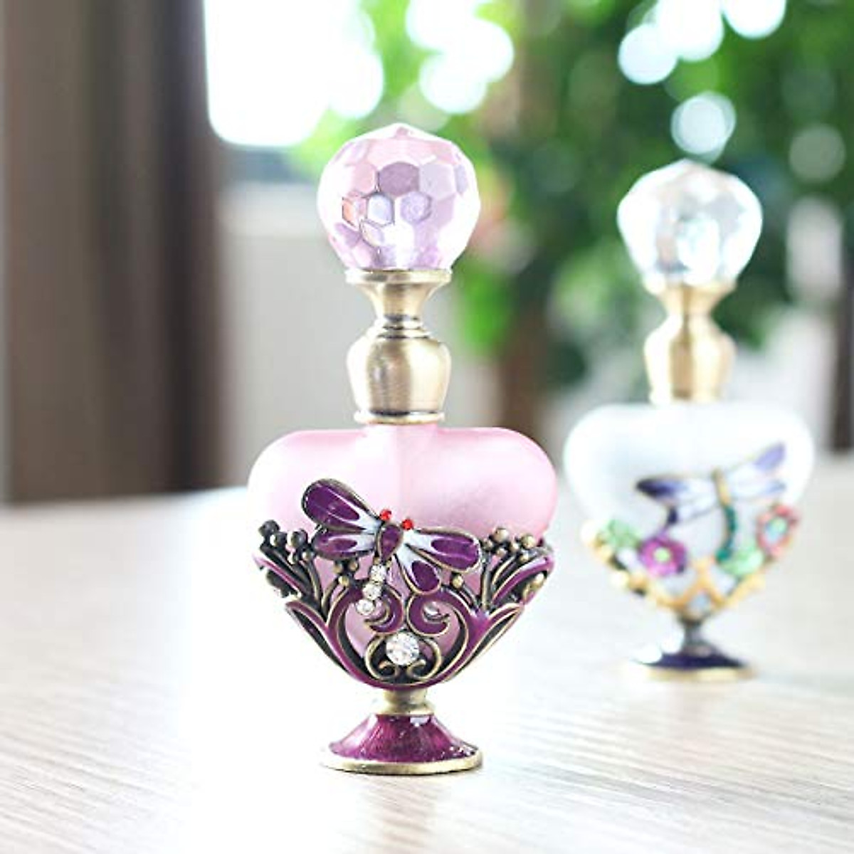 YU FENG Vintage Dragonfly Pewter and Glass Perfume Bottle with Diamand for Woman,Friends