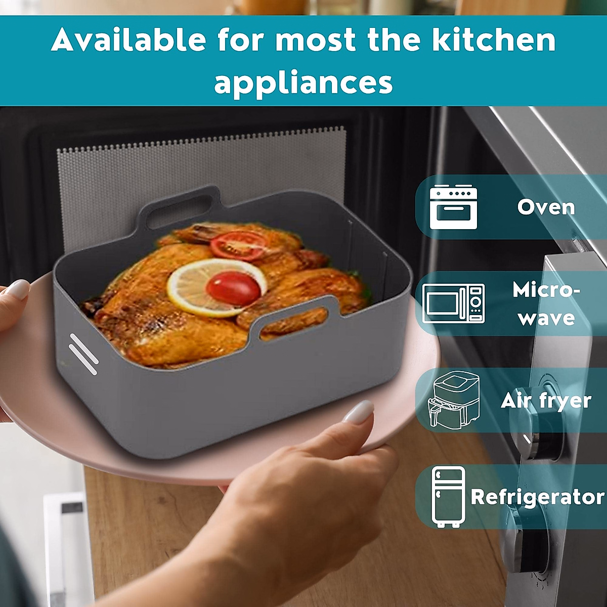 Air Fryer Silicone Pot Rectangular for Ninja Foodi Dual DZ201/DZ401 10QT, Reusable Silicone Airfryer Liner Replacement Baking Tray Basket | Non-stick | Easy Cleaning | Food Safe | Gray / 2Pcs