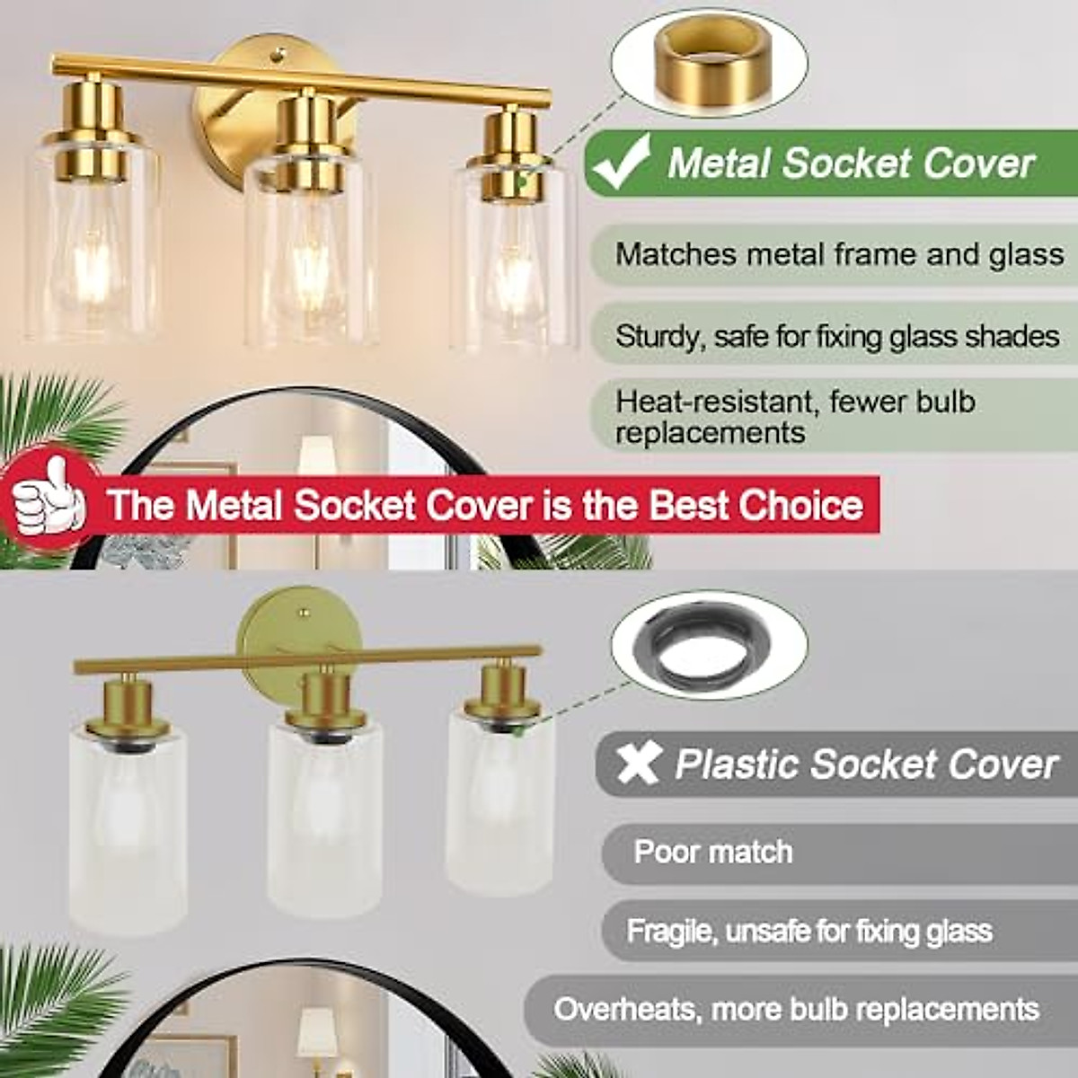 3-Light Gold Bathroom Light Fixtures, Modern Bathroom Vanity Light with Clear Glass Shade, Brushed Gold Bath Wall Mount Lights, Wall Lamp for Mirror Kitchen Bedroom Hallway Living Room Hallway