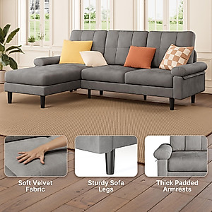 82" Convertible Sectional Sofa Couch, 3 Seat L Shaped Sofa with Soft Velvet, Modern Couches for Living Room, Apartment and Office, Dark Grey