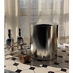 Sleek Metallic Silver Waste Basket - Stainless Steel Look Garbage Container - Spill Proof Trash Can - 12L/3.2Gal Capacity - Modern Garbage Pail - Futuristic Minimalist Style for Bedroom Living Room…