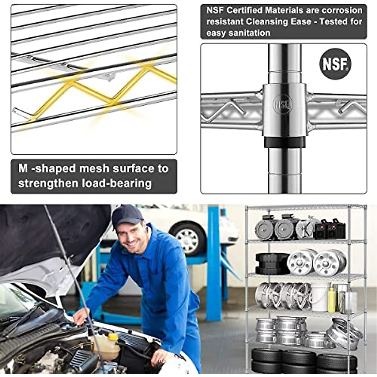 Storage Rack with Wheels, NSF Certification Shelving Unit Heavy Duty 6000 Lb Capacity 6 Tier Metal Shelf on Casters 48" L×18" W×78" H for Restaurant Garage Pantry Kitchen Movable Wire Rack, Chrome