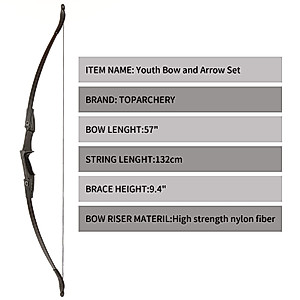 TOPARCHERY Archery 57" Takedown Youth Recurve Bow and Arrow Set Long Bow Kit with 6pcs Fiberglass Arrows for Beginner Teenagers Right Left Hand Black - Draw Weight 20lbs- 40lbs (40)