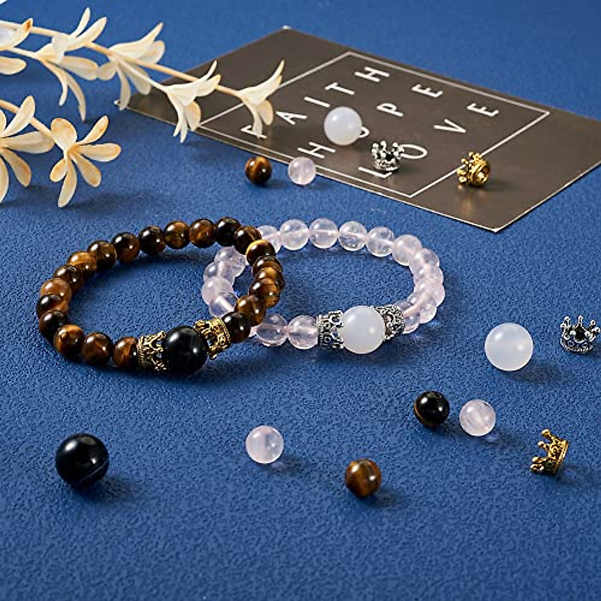 PandaHall 124Pcs Gemstone Bracelet Making Kit 8mm Natural Stone Gemstone Bead Crown Bead Tiger Eye Rose Quartz Gemstone Loose Bead & Elastic Cord for Bracelet Jewelry Making