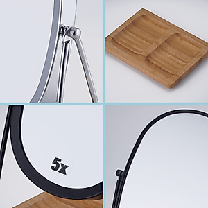 JOYOEIKON Tabletop 5x/1x Magnifying Makeup Mirror with Squared Bamboo Tray Small Desk Mirror 360° Rotation Vanity Mirror with Stand Desktop Cosmetic Mirror