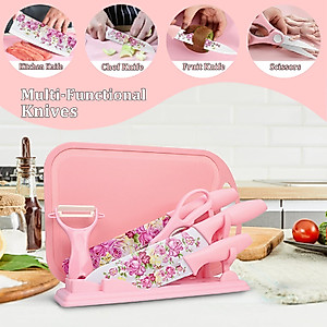 VSIAISV Kitchen Knife Set, Pink Flower 7-pieces Stainless Steel Sharp Chef Cooking Non-slip Knife Set with Acrylic Stand & Block, Non-stick Colorful Coating for Women and family (Pink)