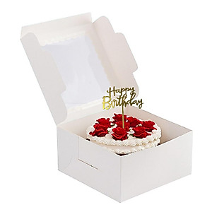 Exceptional Value Bundle | 4-Pack Cake Boxes (10x10x5 Inches) 4 Corrugated White Cake Boards & 4 Happy Birthday Cake Toppers. | 350 GSM Thick Sturdy Cardboard | Fancy Design See-Through Window |