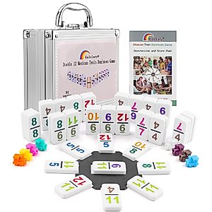 Kalolary Double 12 Mexican Train Dominoes, 91 Tiles Dot Dominoes Games in an Aluminum Case with 9 Trains Instruction Booklet Score Pads and Octagon Shape Hub (Dots Style)