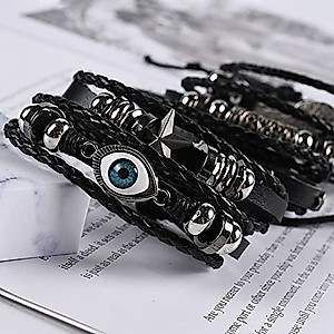 BUSSLANDY Braided Leather Bracelets for Men Women Cuff Wrap Bracelet Stackable bracelet Evil Eye Stars Wings Retro Set Wood Ethnic Tribal Bracelets Adjustable