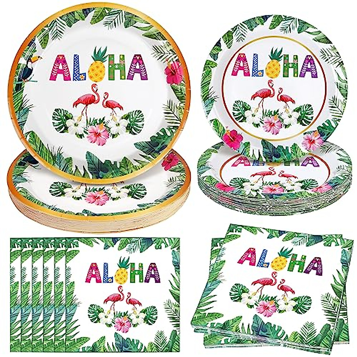 MEZOOM 75pcs ALOHA Tableware Set Tropical Luau Napkin Flamingo Paper Plate(7 & 9 In) Hawaiian Disposable Dinnerware Set with Hibiscus Flower & Palm Leaf for Summer Beach Themed Party Serves 25 Guests