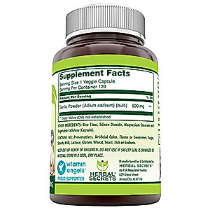 Herbal Secrets Garlic 500 mg 120 Veggie Capsules Supplement | Non-GMO | Gluten Free | Made in USA | Ideal for Vegetarians