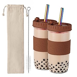Amyoole 2 Pack Reusable Boba Cup,24Oz Wide Mouth Smoothie Cup,mason Jar Glass Cups with Lids and Straws,Bubble/Boba Tea Cups,Ice Coffee Tumbler 2 colored straws 1 sponge brush(Brown)