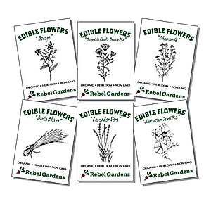 Organic Edible Flower Seeds - Non GMO Variety Pack for Planting Outdoors - Nastrurtium, Lavender, Borage, Chives, Chamomile, Clendula