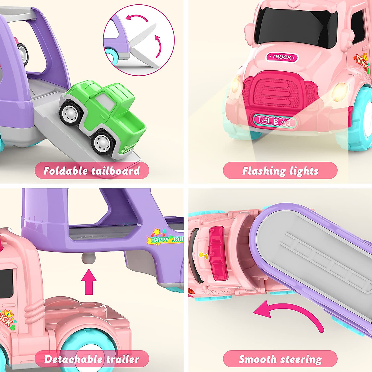 LASCOTON Toys for 1 2 3 Year Old Girl, 5-in-1 Carrier Truck for Toddler Girl, Friction Power Toy Cars with Light & Sound, Birthday Gifts, Pink