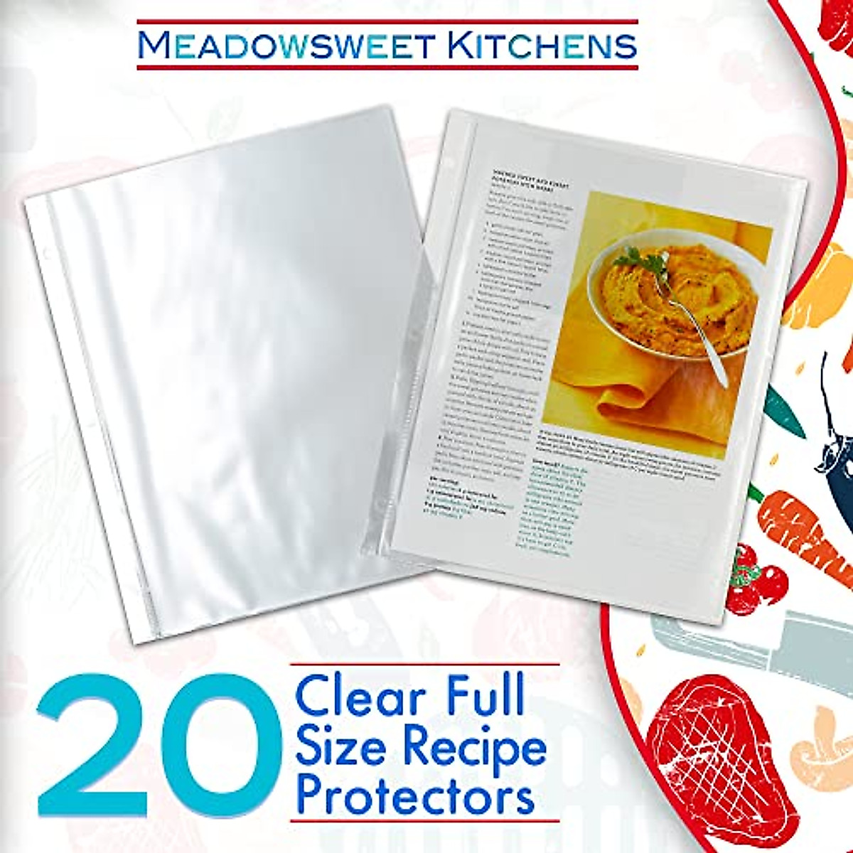 Meadowsweet Kitchens Full Size Clear Plastic Sheets Protector Pages for Recipe Organizer - 20 Clear Sheet Protectors for 3 Ring Binder, Plastic Sleeves for Paper Recipes, 8.5 x 11 Page, 3 Hole Punched