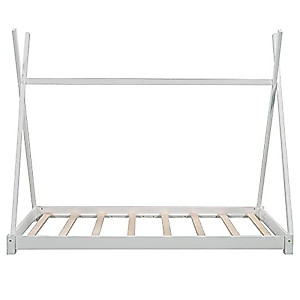GLANZEND Twin Size House Platform Bed with Triangle Structure Montessori Beds Bedframe w/Wood Slat Support No Box Spring Needed, Easy to Assemble for Bedroom, Children Room, Living Room, White