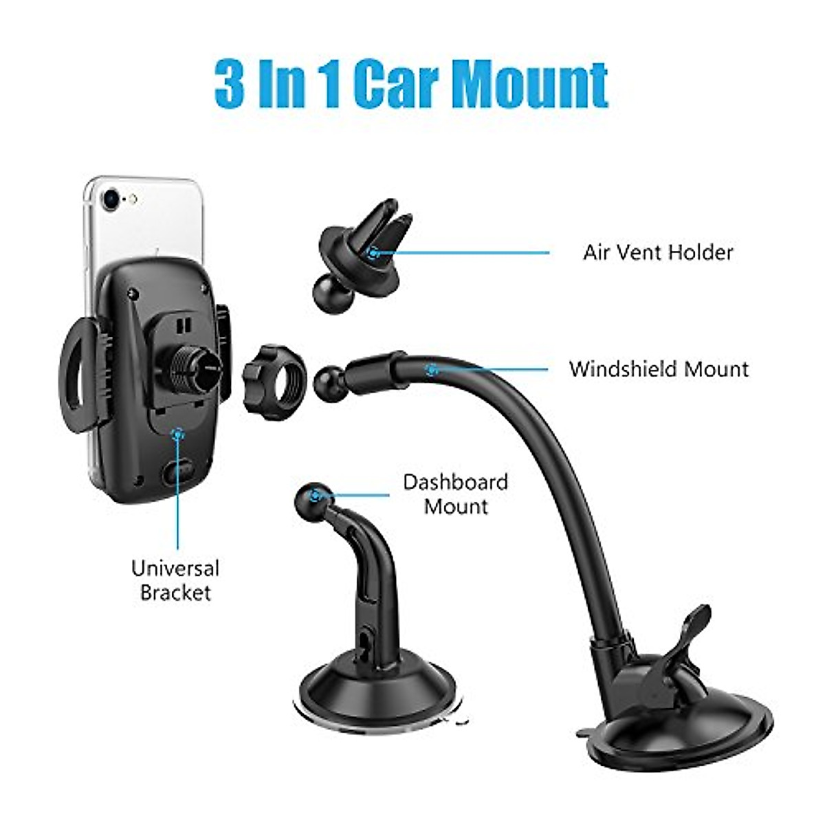 WixGear 3-in-1 Universal Car Phone Mount, Phone Holder for Car, Cell Phone Car Mount Air Vent Holder with Dashboard Mount and Windshield Mount for Cell Phones