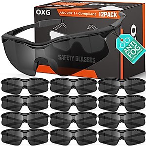 OXG 12 Pack Anti Fog Tinted Safety Glasses for Men, ANSI Z87.1 Safety Goggles Impact Scratch Resistant Eye Protection for Shooting, Work, Construction