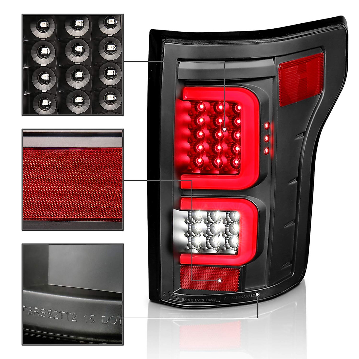 AmeriLite [Full LED C-Type Light Bar Black Taillights Assembly Pair for 2015-2017 Ford F150 - Passenger and Driver Side