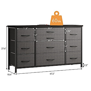 GAOMON Wide Dresser with 10 Large Drawers for 55'' Long TV Stand with Power Outlet Entertainment Center, Storage Fabric Drawer Unit for Bedroom, Living Room, Closet, Entryway, Sturdy Metal Frame