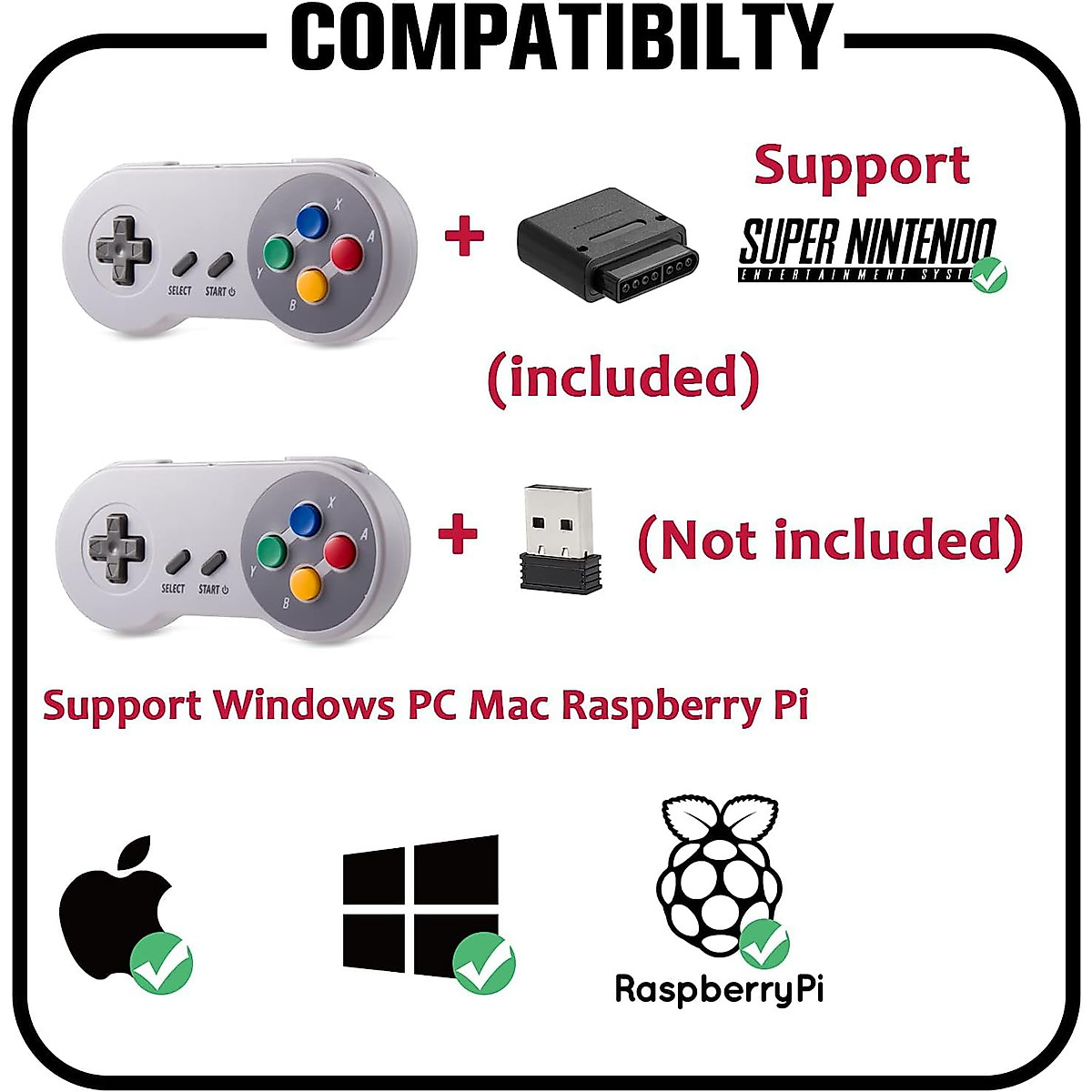 2 Pack Wireless Controller for SNES Original Console, 2.4GHz Retro Rechargeable Remote Wireless Super Gamepad for SNES Nintendo Entertainment System Console-7 Pin Connector