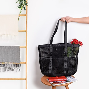 Tainehs Mesh Beach Tote Large Zipper Bag Shopping bags Grocery bag 2023 Upgrade for Women with Multiple Pockets for Family Shopping Travel Swimming Waterproof Pool Bag Black