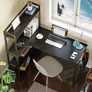 Rolanstar Computer Desk with Storage Shelves 47", Home Office Desk with 4-Tier Reversible Bookshelf, Modern Writing Table Workstation, Study Corner Desk for Small Space, Black