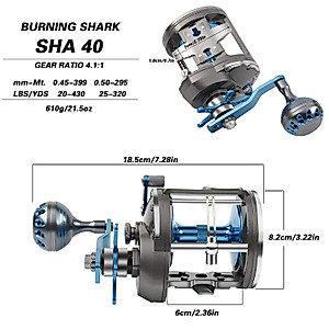 Burning Shark Trolling Reel Saltwater Level Wind Reels, Drag Reels Boat Fishing Ocean Fishing for Sea Bass Grouper Salmon-SHA40