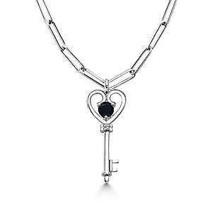 Gem Stone King 0.48 Ct Round Black Onyx 925 Sterling Silver Heart Key Pendant with 3.25mm Paperclip Link Chain 18 inch with 2 inch Extender