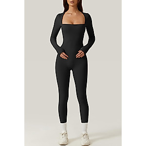 QINSEN Woman's Square Neck Long Sleeve High Waist Long Leggings Jumpsuit Black S