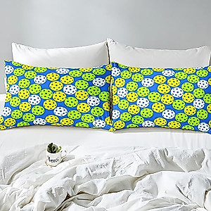 Pickleball Bed Set Ball Sports Themed Teens Sheet Set for Boys Girls Men Yellow White Green Pickleball Bed Sheets Blue Decor Sheets with 1 Pillowcase 3Pcs Bedding Twin