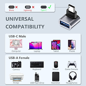 90 Degree USB to USB C Adapter 2 Pack,yootech Up & Down Angled USB-C to USB Adapter,Thunderbolt 4/3 to USB Female Adapter Converter for MacBook Pro 2021,MacBook Air 2020,iMac, Dell XPS,Galaxy Book etc