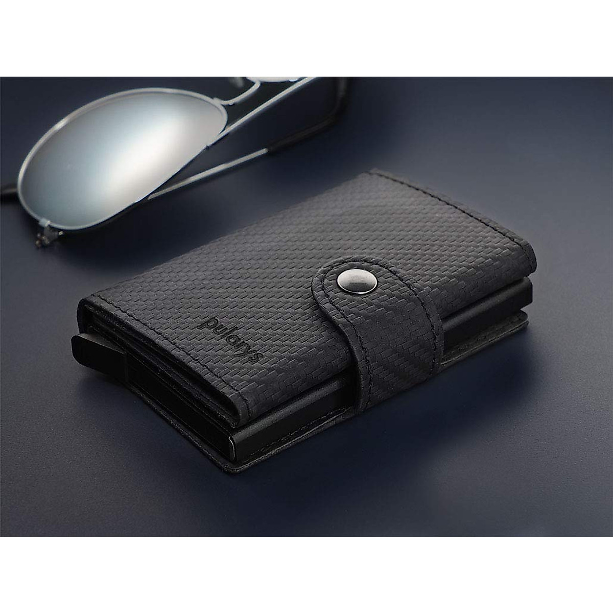PULARYS Mini Wallet CARBON - Card Case Made of Carbon Eco-Leather - RFID blocking - Size: 7.5 x 9.5 x 2.5 cm - Space for up to 9 Cards - One Note Compartment Secured with Snap Closure