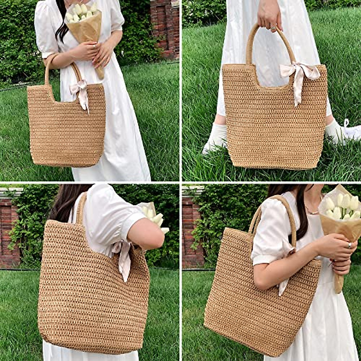 QTKJ Summer Beach bag, Handwoven Straw Bag, Soft Large Beach Tote Boho Beach Shoulder Hand Bag, Woven Bag for Women Vacation Travel, Daily(Khaki)