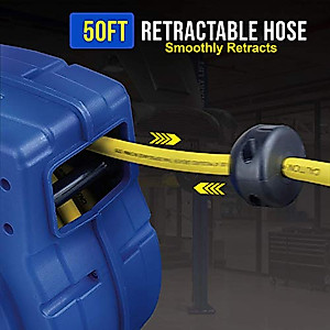 Goodyear Air Hose Reel Retractable 3/8" Inch x 50' Foot Hybrid Polymer Hose Max 300PSI Commerical Polypropylene Construction