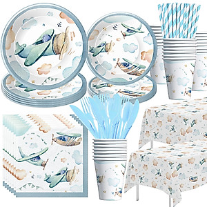 HIPVVILD Airplane Party Decorations Tableware - Airplane Birthday Party Supplies, Paper Plate, Cup, Napkin, Tablecloth, Cutlery, Airplane Theme Birthday Baby Shower Decorations Dinnerware | Serve 24