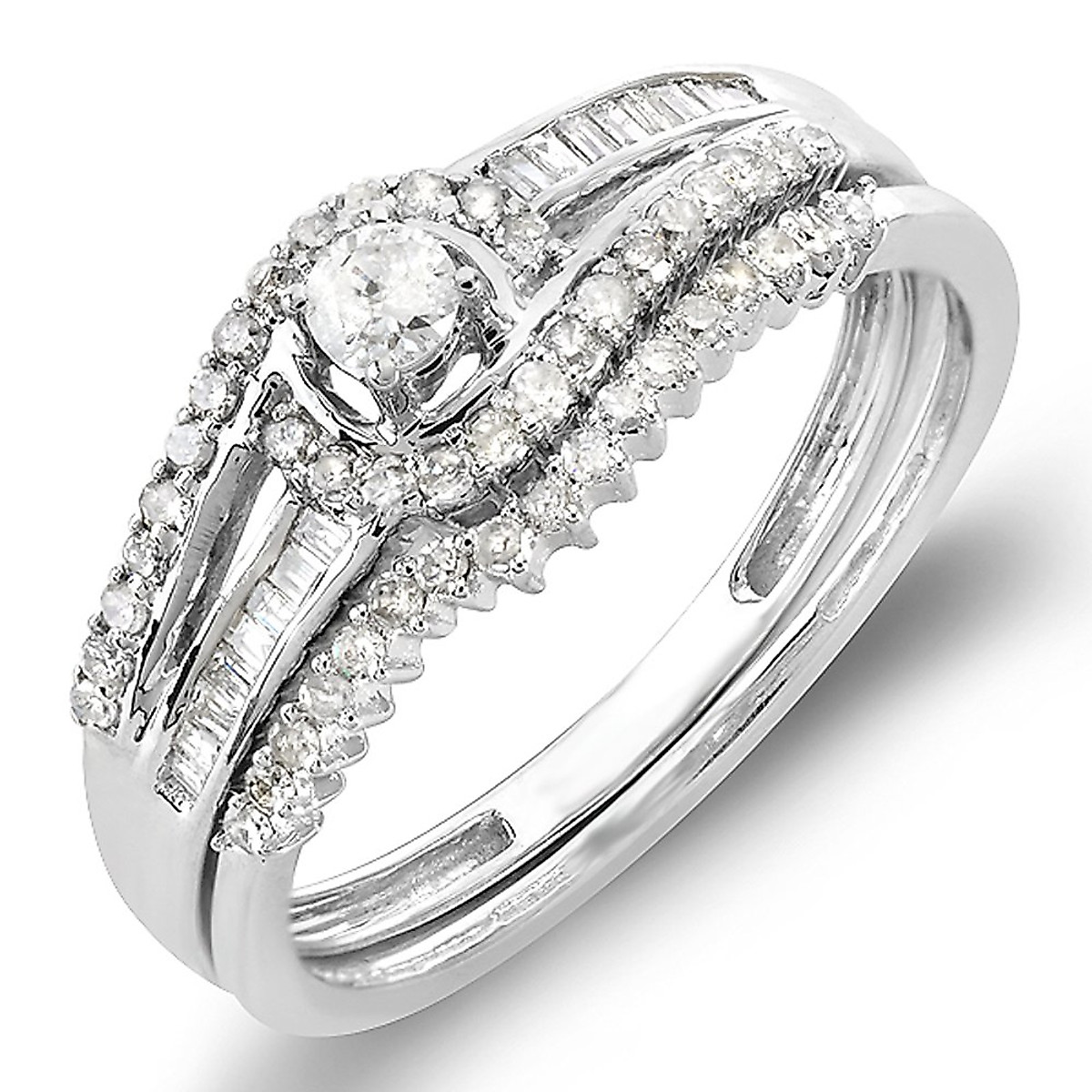 Dazzlingrock Collection 0.50 Carat (ctw) 10k Round & Baguette Diamond Women Swirl Engagement Matching Band Halo Style Bridal Ring Set 1/2 CT, White Gold, Size 6