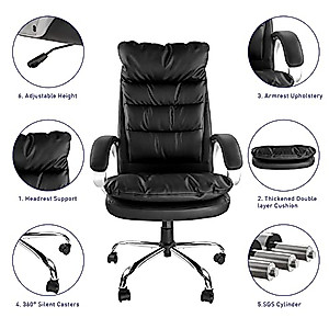 CLATINA Computer Desk Chair with Wheels and Padded Arms, Ergonomic PU Leather Swivel Home Office Chair with Double Seat Cushion, Adjustable High Back Comfort Executive Office Chair (Black)