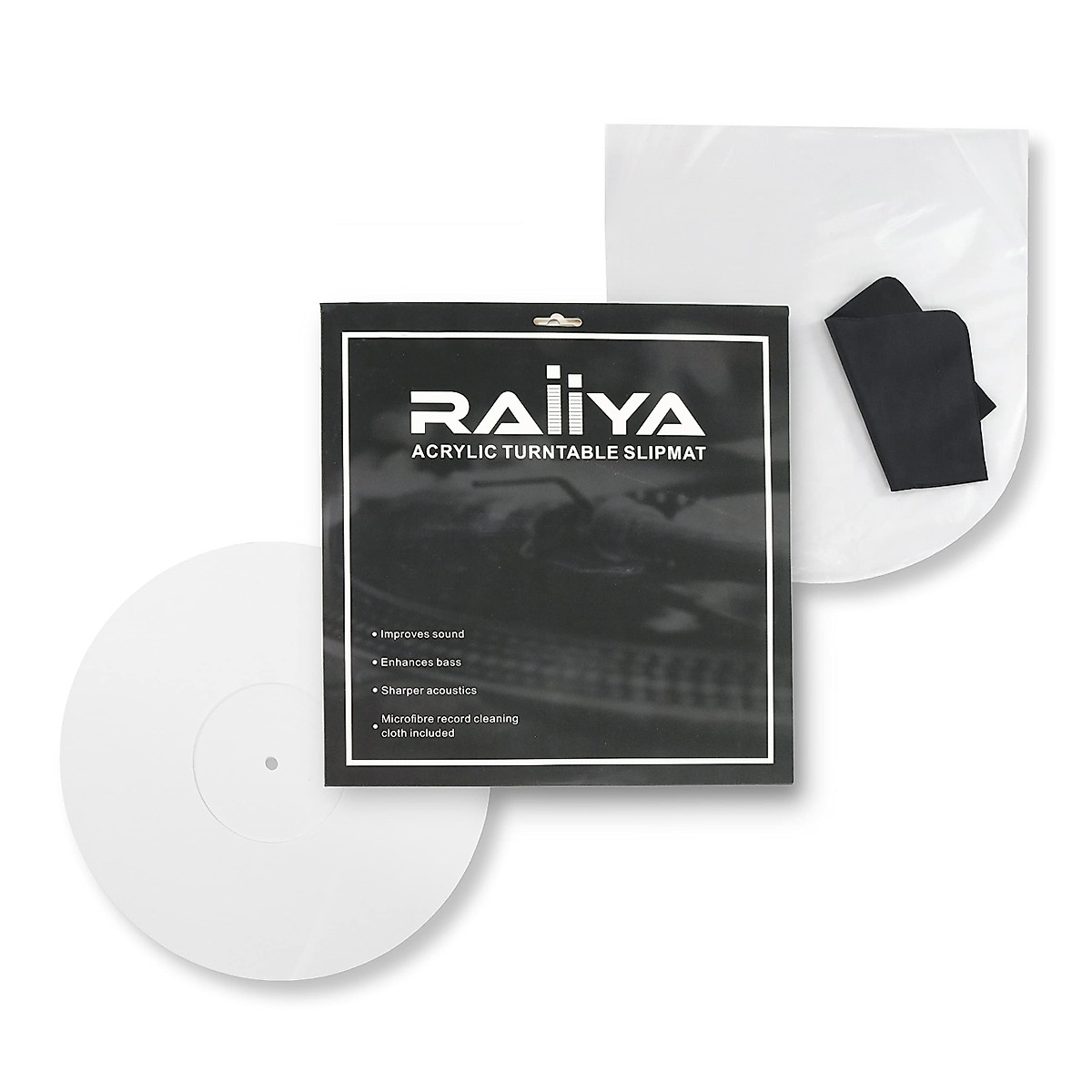 RAIIYA Acrylic Turntable White Slipmat - for 12'' LP Player, Anti-Static, Improved Audio, Less Vibration Complete with Microfiber Cloth (RA-VYL-WH1)