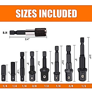 THINKWORK Impact Socket Adapter Set, 1/4" 3/8" 1/2" Drill Socket Adapter, 1/4" Hex Shank Impact Driver Socket Adapter for Cordless Drill, Impact Driver, Power Drill, Impact Drill, 9-Piece
