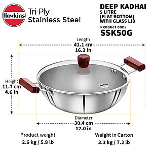 HAWKINS 5 Litre Deep Kadhai, Triply Stainless Steel Kadai with Glass Lid, Flat Bottom Induction Deep Kadhai, Big Kadai, Silver (SSK50G)