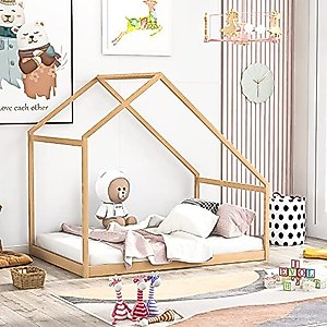 Full Size Wood House Bed, Wooden Bedframe with Roof for Kids, Teens, Boys or Girls Bedroom Furniture, Full Floor Bed Frame Box Spring Needed (Natural)