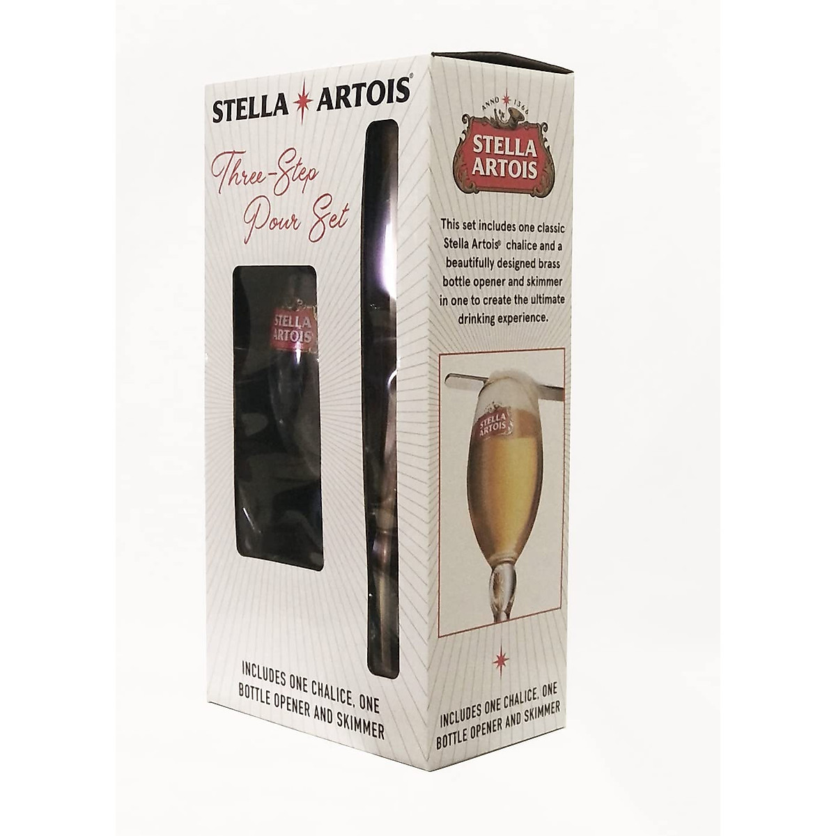Stella Artois Beer Glass, Three Step Pour Set with Chalice, Bottle Opener, and Skimmer, Holds 11 Ounces