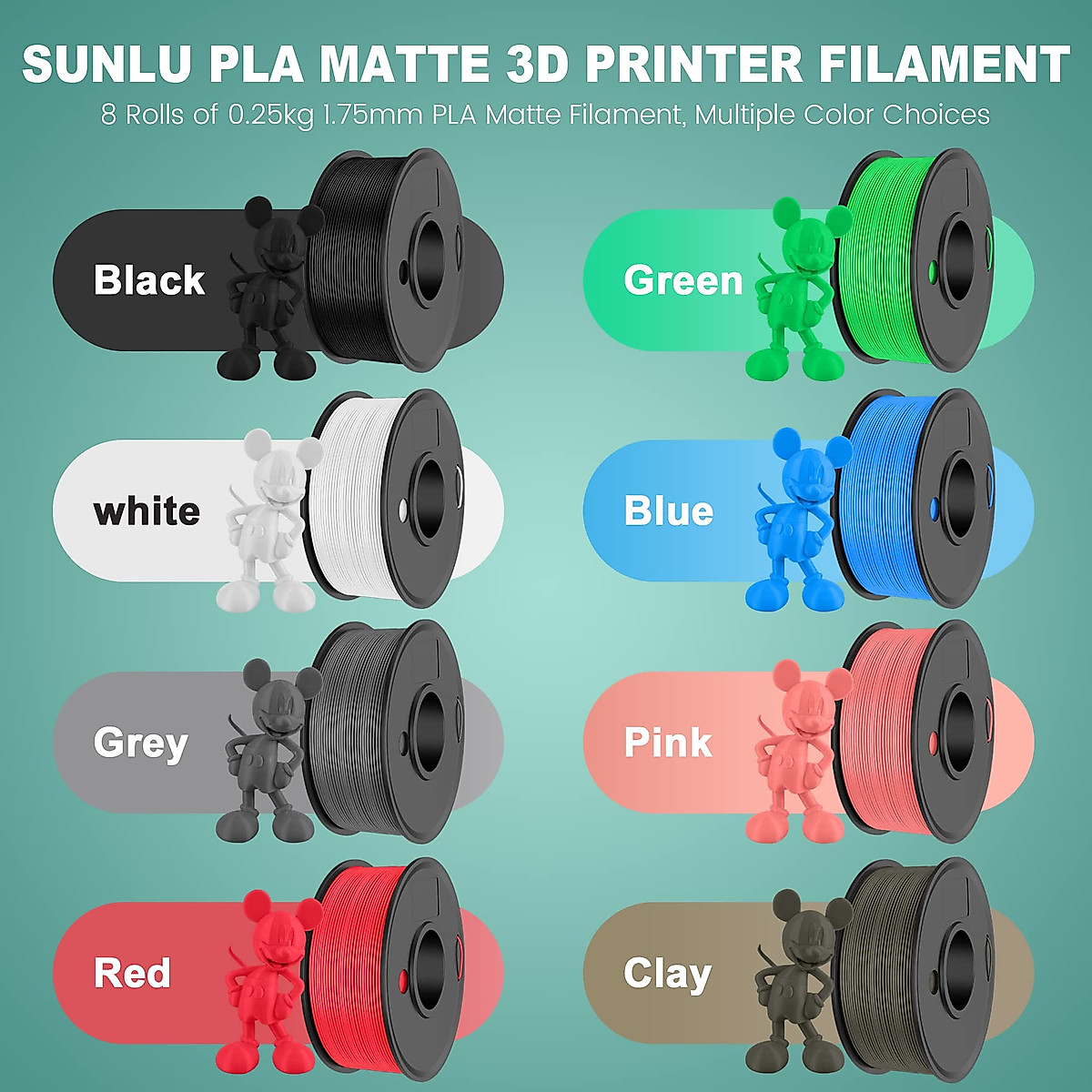 SUNLU 3D Printer Filament, PLA Matte and Silk Filament Bundle, 1.75mm PLA Filament Muticolor, 250G Spool, 8 Rolls, Black+White+Red+Blue+Green+Pink+Grey+Clay