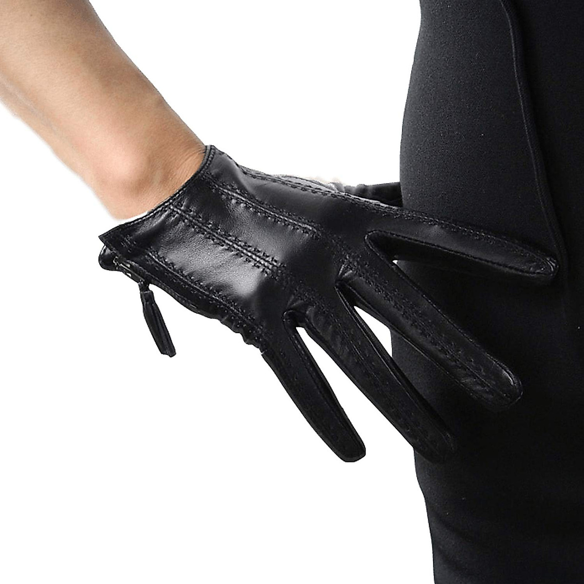 DooWay Short Black Touchscreen Real Leather Gloves, Imported Goatskin Leather Tassel Zipper Unique Pop Finger Gloves,size L