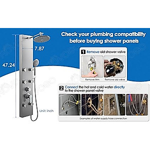 ROVOGO 304 Stainless Steel Shower Panels System with 8-inch Rainfall Shower, 6 Body Jets and 5-Setting Handheld Shower Wand, Shower Tower with Adjustable Head, Stainless Steel Brushed