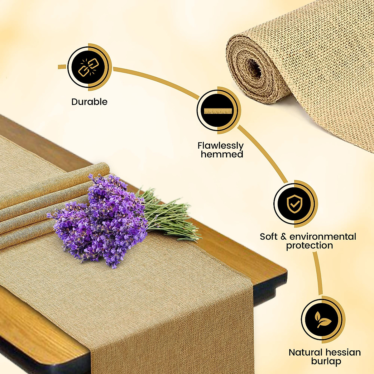 Burlap Table Runners-Set of 4 | Rustic Table Runner for a Cozy and Chic Table, Tan Table Runner for Farmhouse Dining Placemats - 12x84 Inches - Home Decor for Wedding, Parties, Baby Shower