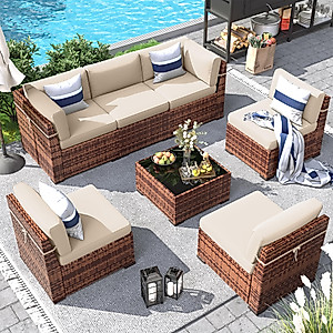 Patio Furniture Set, 7 Pieces Outdoor Modular Conversation Set Wicker Sectional Sofa for All Weather Rattan Patio Couch for Porch Garden Backyard Balcony Poolside (Khaki)